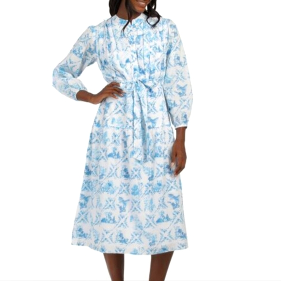 LEA | Dresses | Lea Blue Floral Long Sleeve Cotton Midi Dress Tie Waist ...